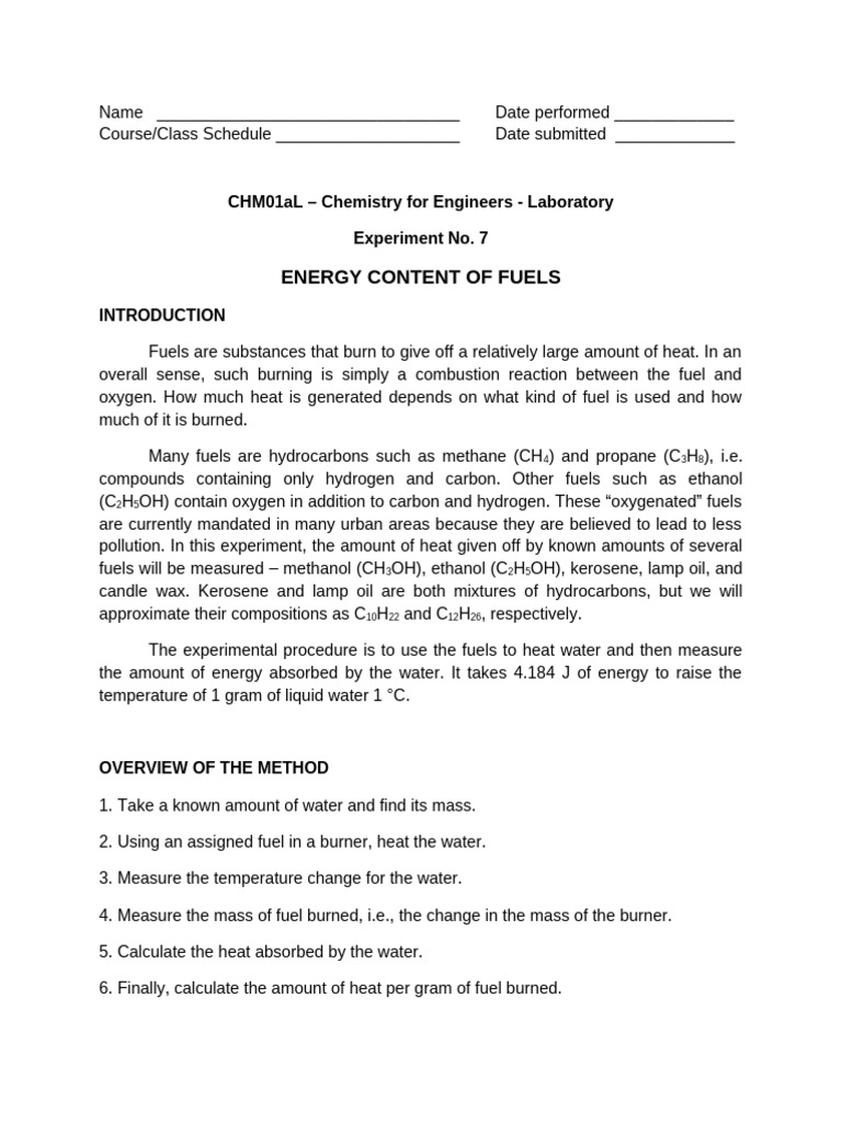 Energy Content of Fuels Experiment | PDF | Ethanol | Fuels