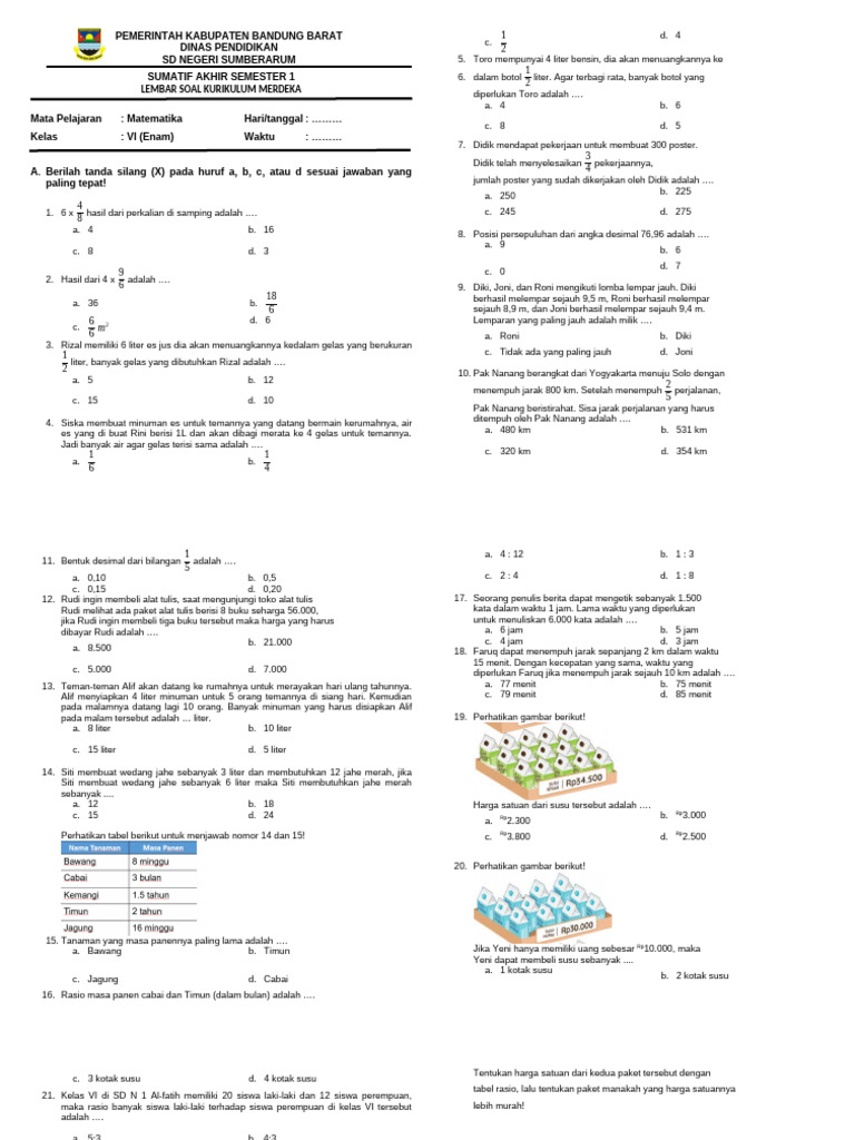 Soal Asas Ganjil Matematika Kelas 6 | PDF