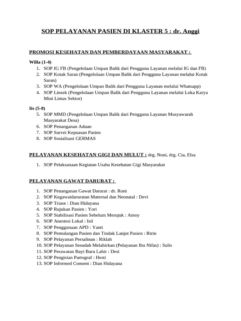 Sop Pelayanan Lintas Klaster (Klaster 5) | PDF