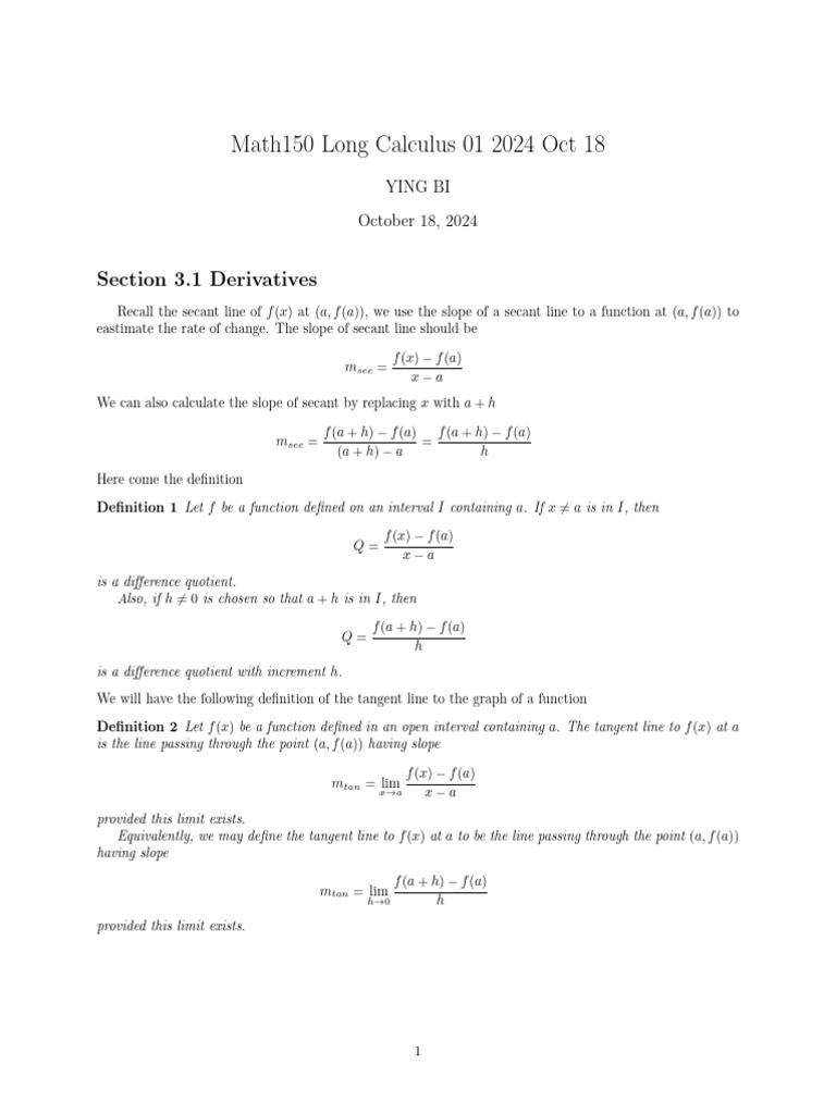 Math1150 Long Calculus 01 2024 Oct 18 | PDF | Derivative | Slope