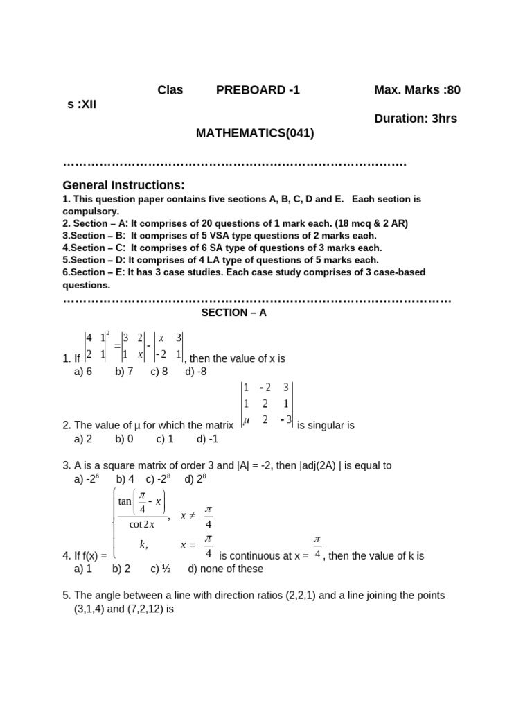 Class XII Math Preboard Exam | PDF | Function (Mathematics) | Mathematical Analysis