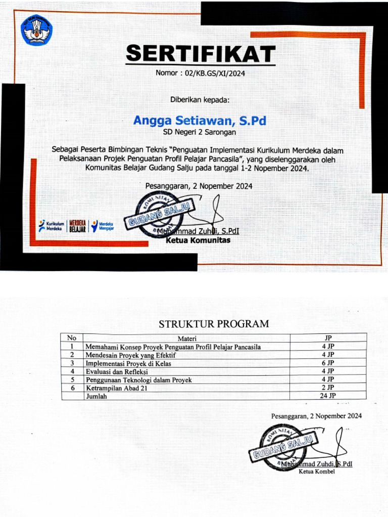 Sert Kombel_ BIMTEK P5_Angga Setiawan, S.Pd | PDF