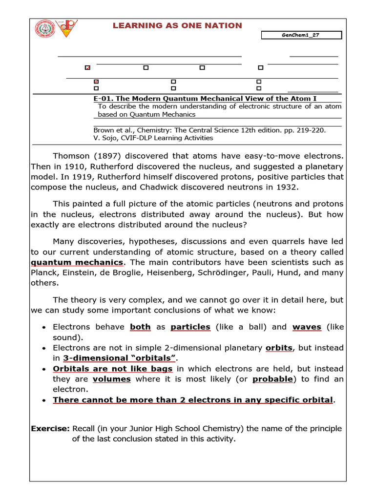 Gen Chemistry 1 LAS 27. The Modern Quantum Mechanical View of The Atom ...
