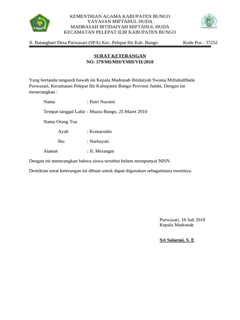 SURAT KETERANGAN BELUM MEMILIKI NISN | PDF