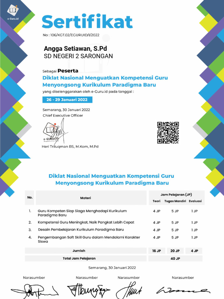 Angga Setiawan, S.pd Sertifikat 40JP Januari K2022 E-Guru.id | PDF