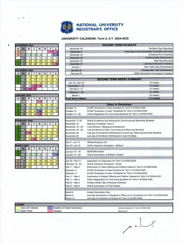NU University Detailed Calendar AY20242025T2 | PDF