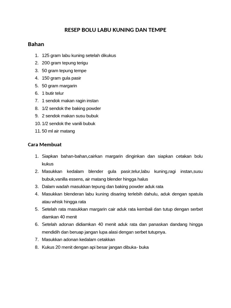 Resep Bolu Labu Kuning Dan Tempe | PDF