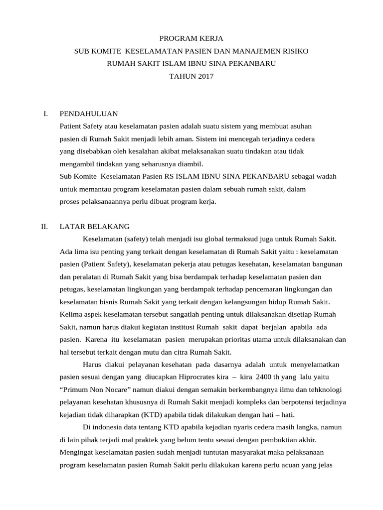 KERANGKA ACUAN PROGRAM KERJA keselamatan pasien | PDF