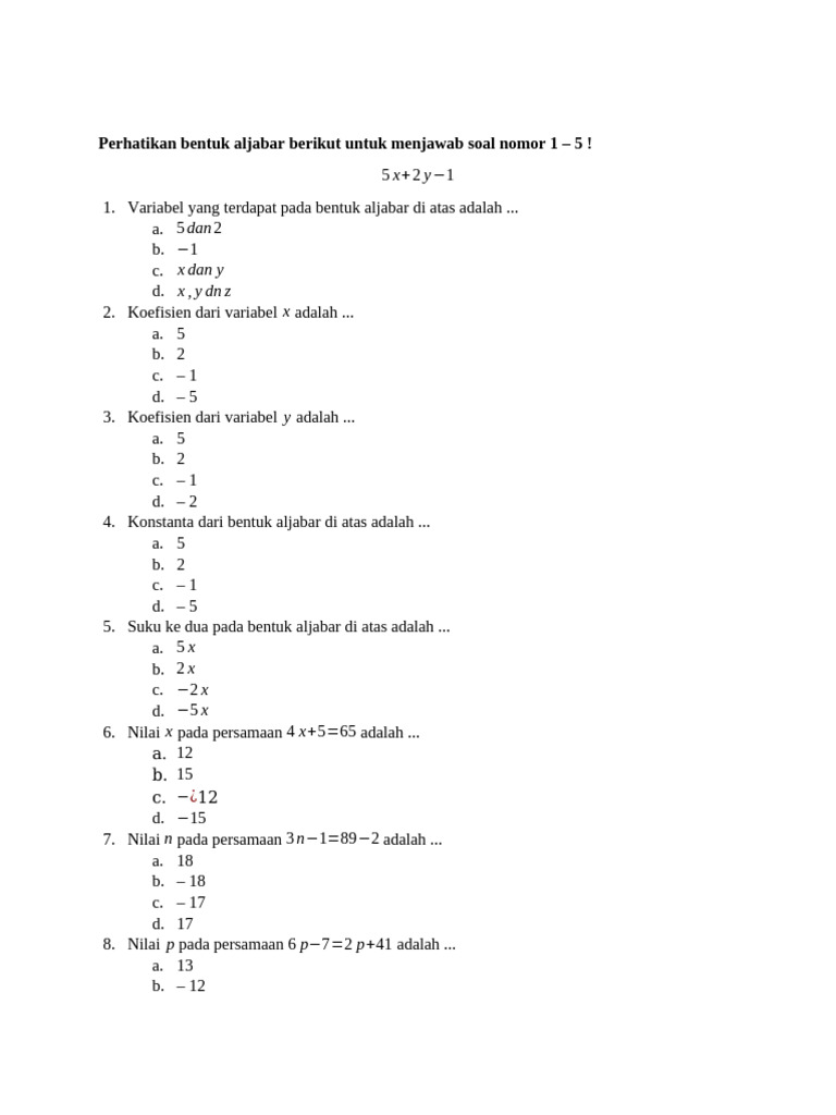 SOAL ASAT Matematika Kelas 8 | PDF