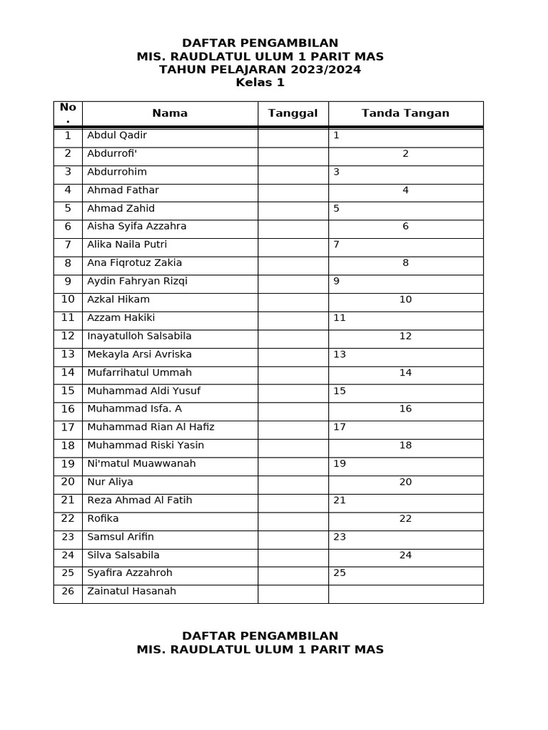 Daftar Pengambilan Raport | PDF