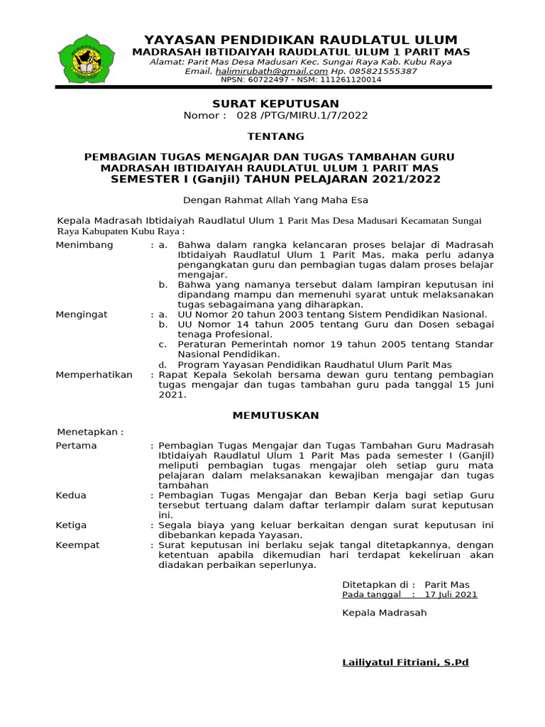 SK Pembagian Tugas MIRU 2020-2021 | PDF