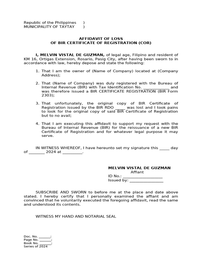 Affidavit of Loss for BIR Certificate | PDF