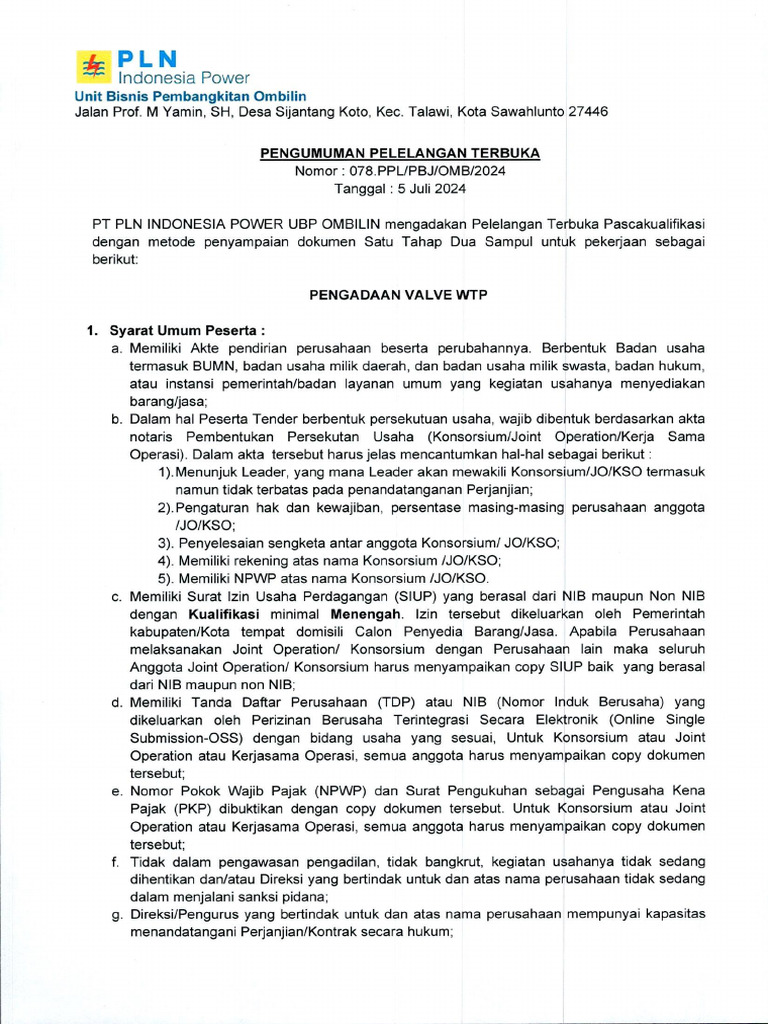 Pengumuman Lelang Pengadaan Valve WTP | PDF