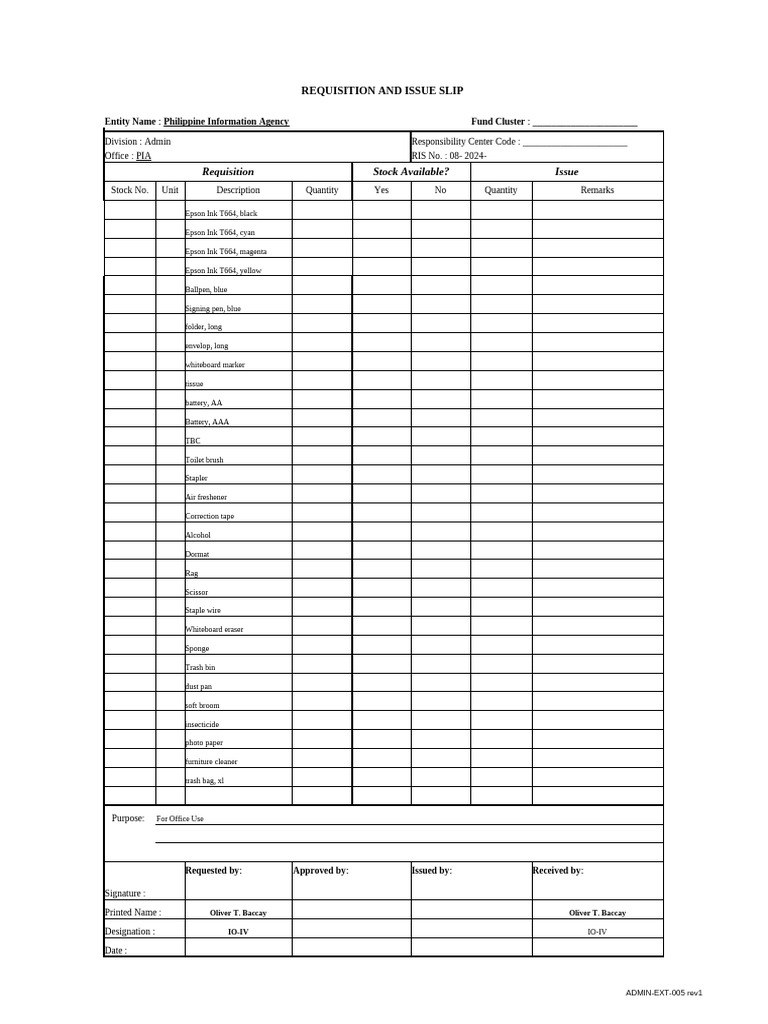 ADMIN-EXT-005 Rev1 (Requisition and Issue Slip) | PDF