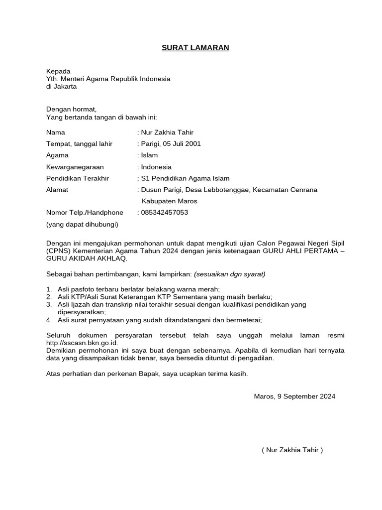 Surat Lamaran Dan Pernyataan Cpns Kemenag 2024 | PDF