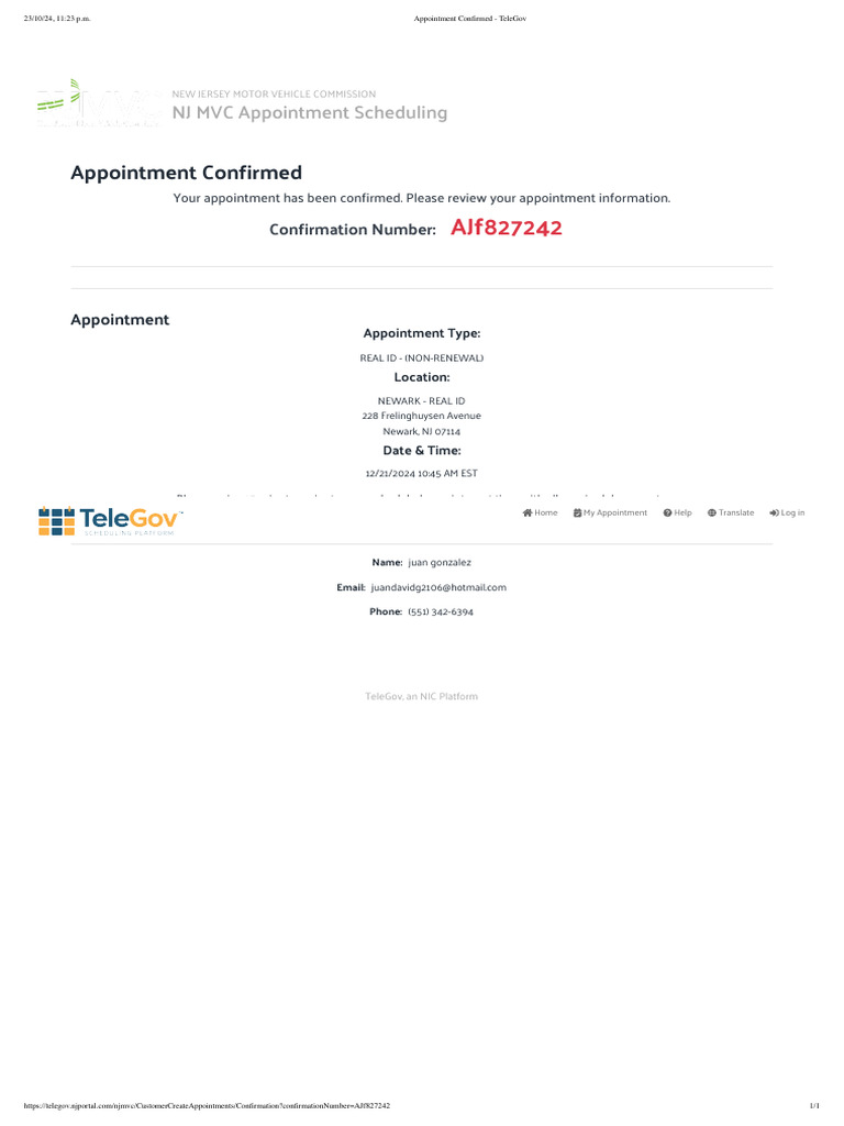 Appointment Confirmed - TeleGov | PDF