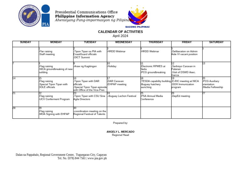 Calendar of Activities - April 2024 | PDF