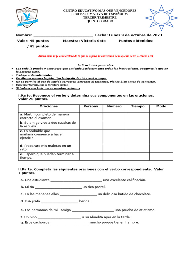 Prueba de Verbos Español 5º Grado | PDF | Verbo | Lingüística