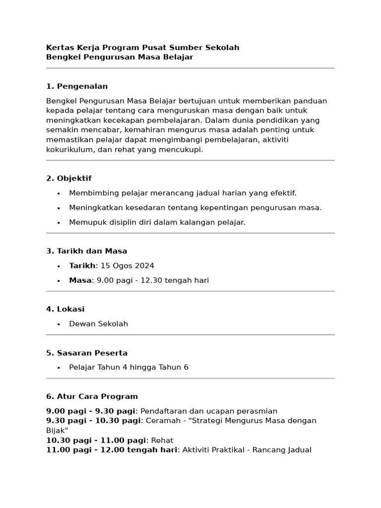 Kertas Kerja Program Pusat Sumber Sekolah Bengkel Pengurusan Masa | PDF