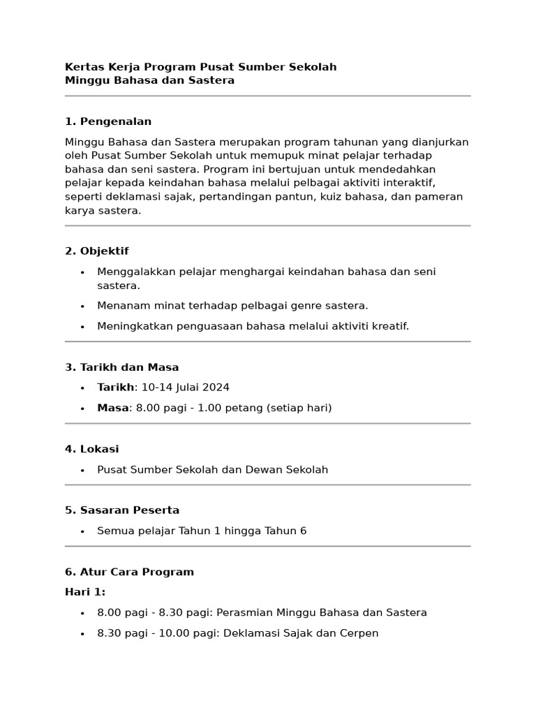 Kertas Kerja Program Pusat Sumber Sekolah Minggu Bahasa | PDF