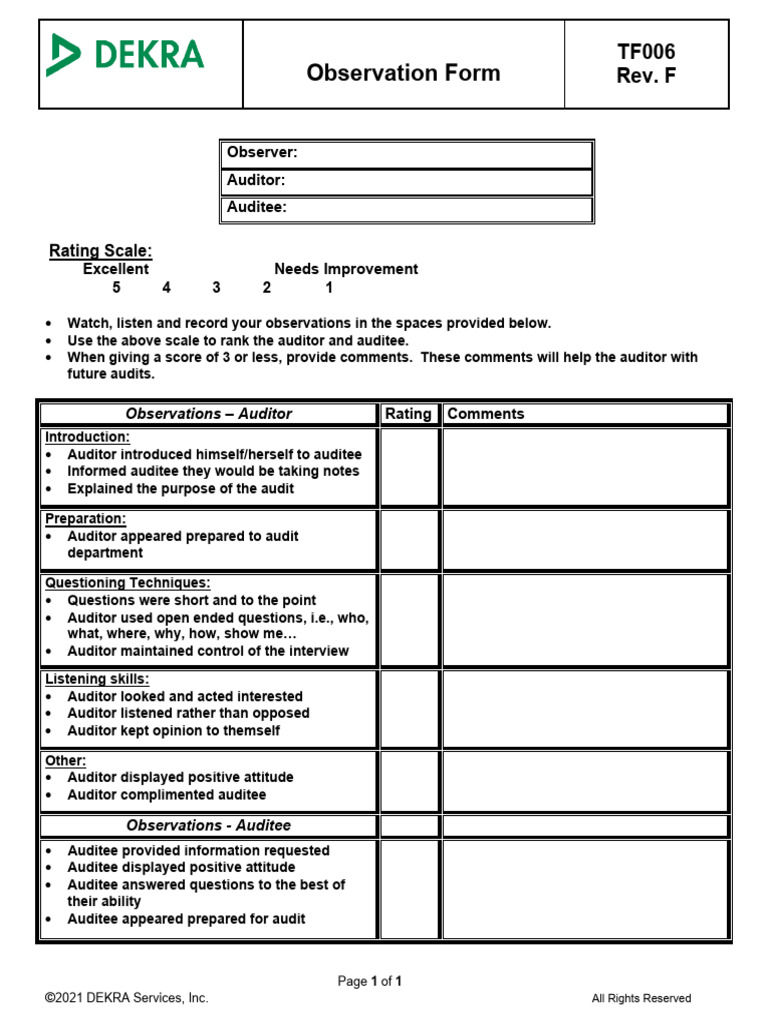 Audit Observation Evaluation Form | PDF