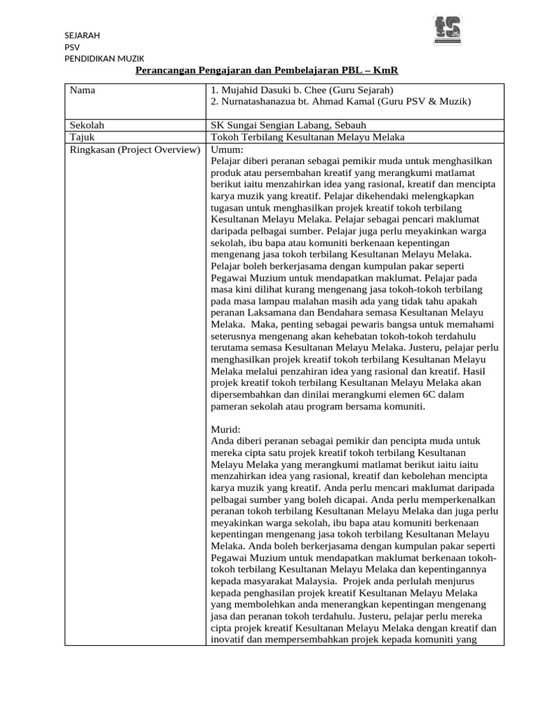 Perancangan Pengajaran Dan Pembelajaran PBL TS25 BUKAN TERAS | PDF