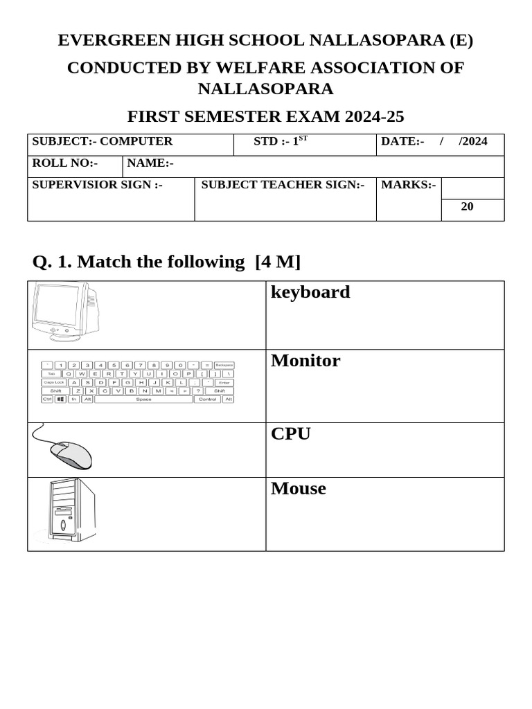 Computer Exam for 1st Grade Students | PDF