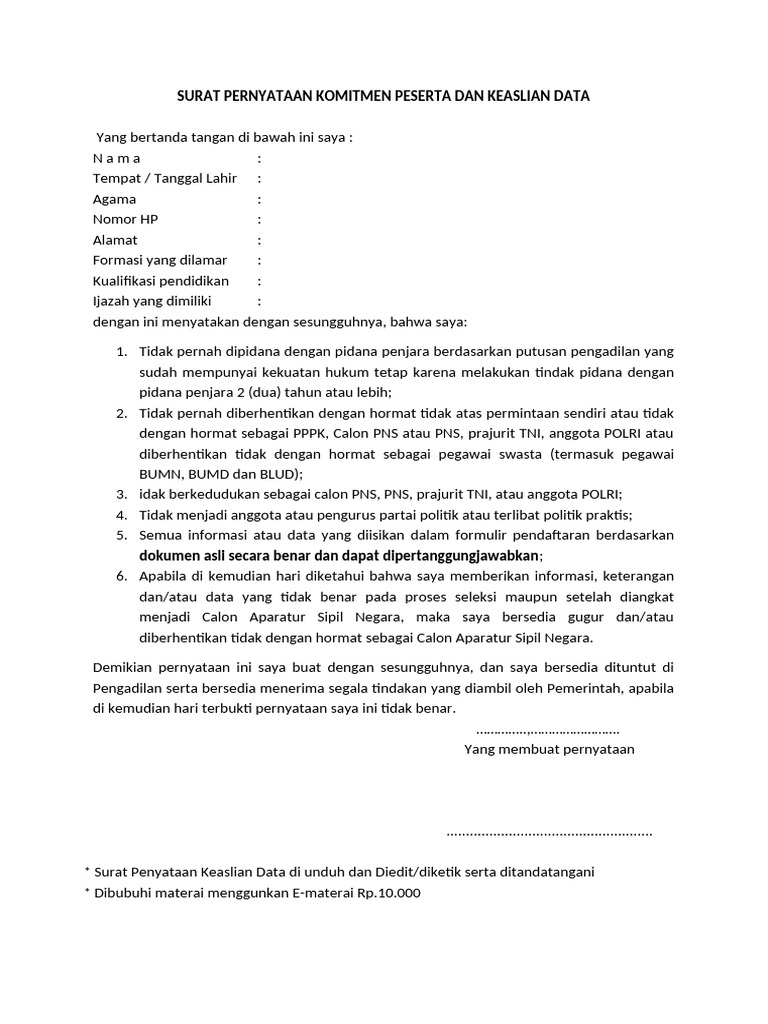 Surat Pernyataan Komitmen Peserta Dan Keaslian Data | PDF