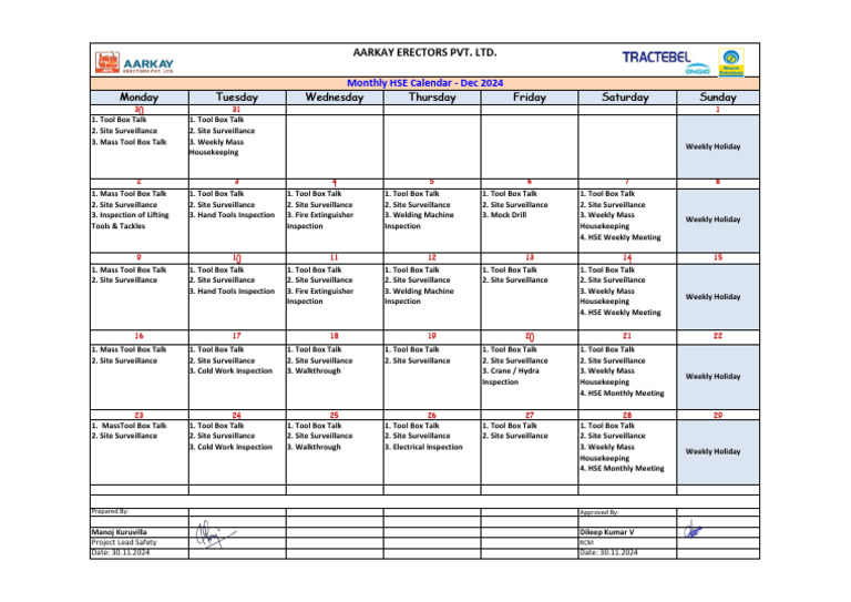 December 2024 HSE Calendar | PDF
