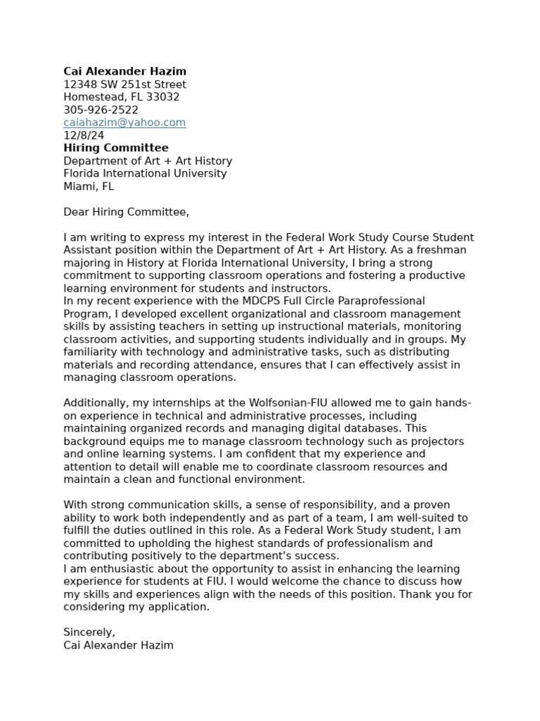 Art and History Course Student Assistant Letter | PDF