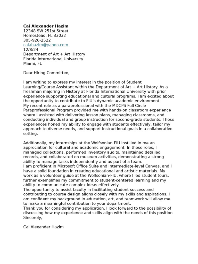 Student Learning Course Assistant Art Art History Letter | PDF