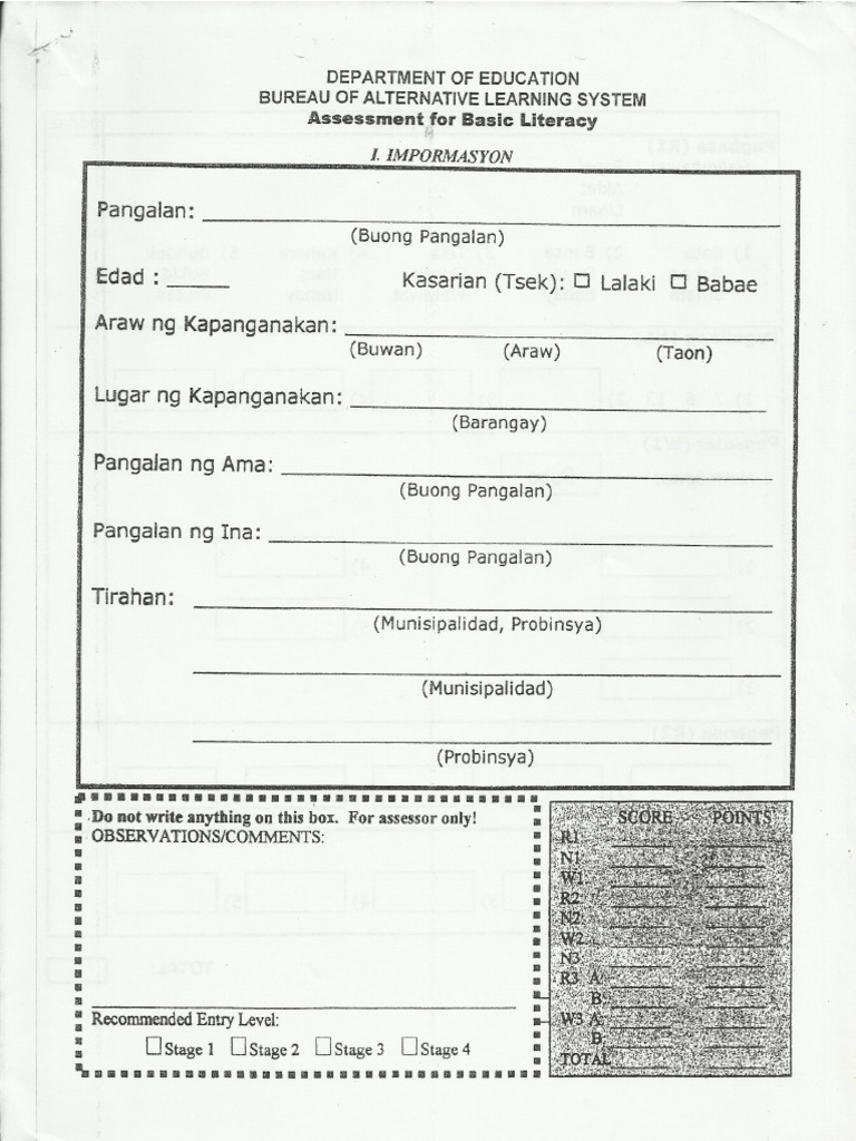 Assessment for Basic Literacy in Filipino Answer Sheets | PDF