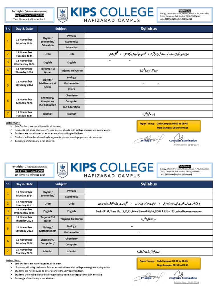 Fortnight 07 Date Sheet Reg, Pre, P-II | PDF