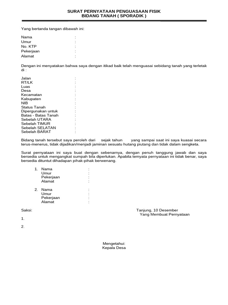 Surat Pernyataan Penguasaan Fisik | PDF