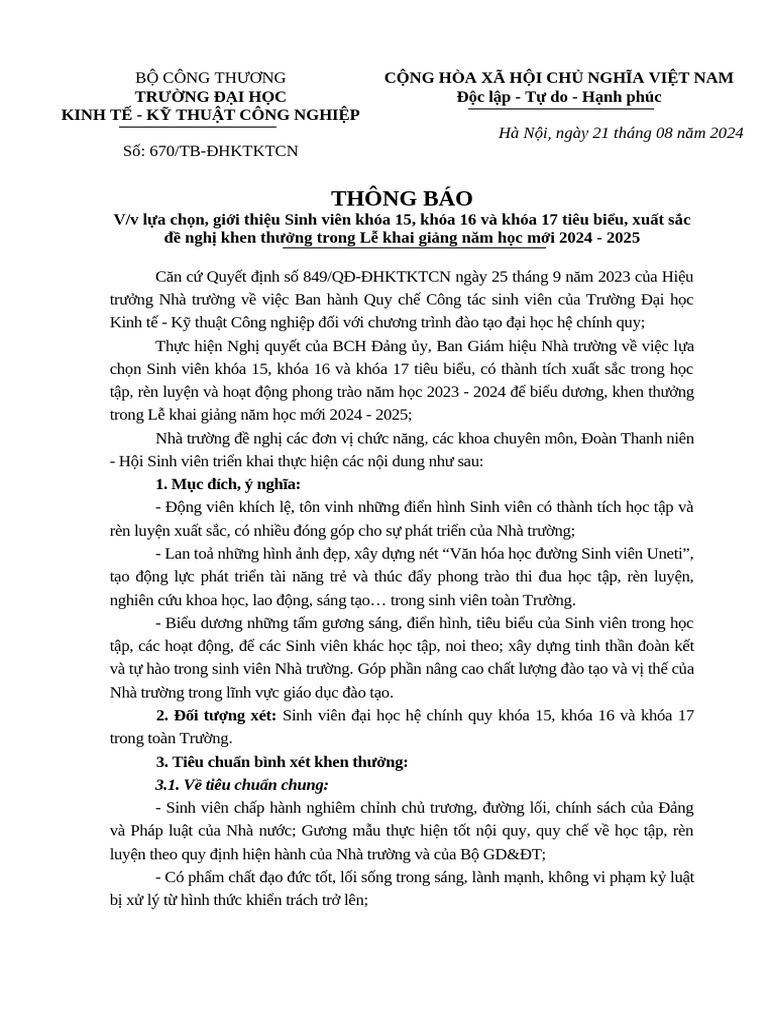 Thong Bao Lua Chon Va Gioi Thieu Sinh Vien Khoa 151617 Khen Thuong Trong Le Khai Giang Nam Hoc ...