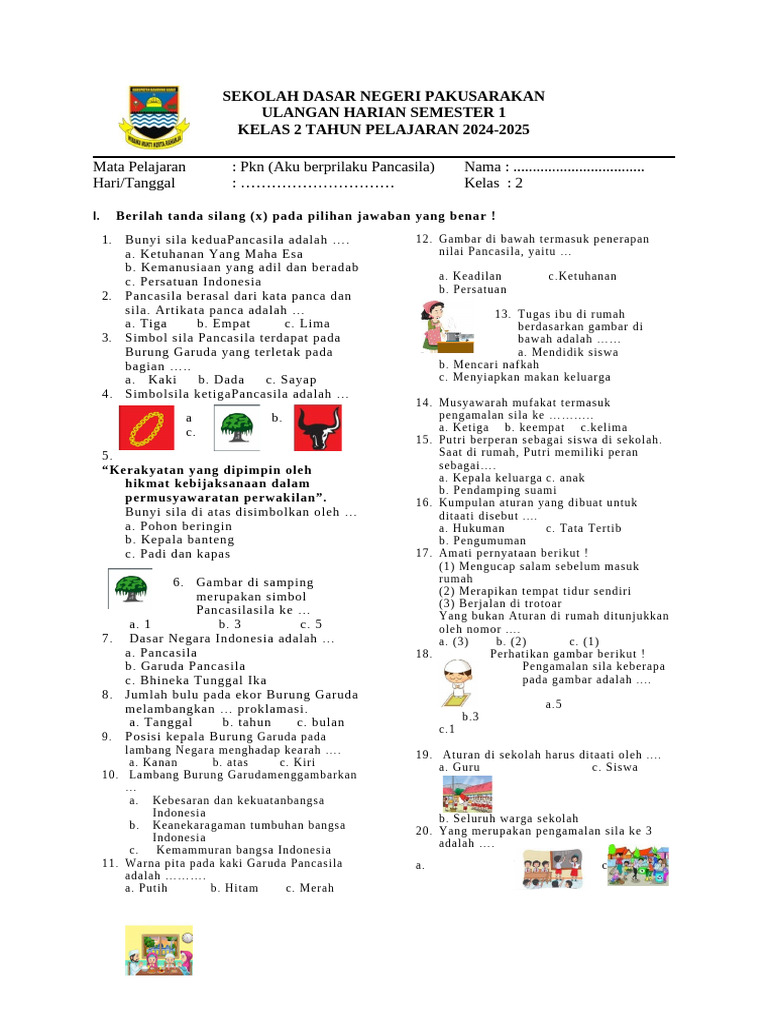 SOAL PKN Kelas 2 Bab 2 Aku Berprilaku Pancasila | PDF
