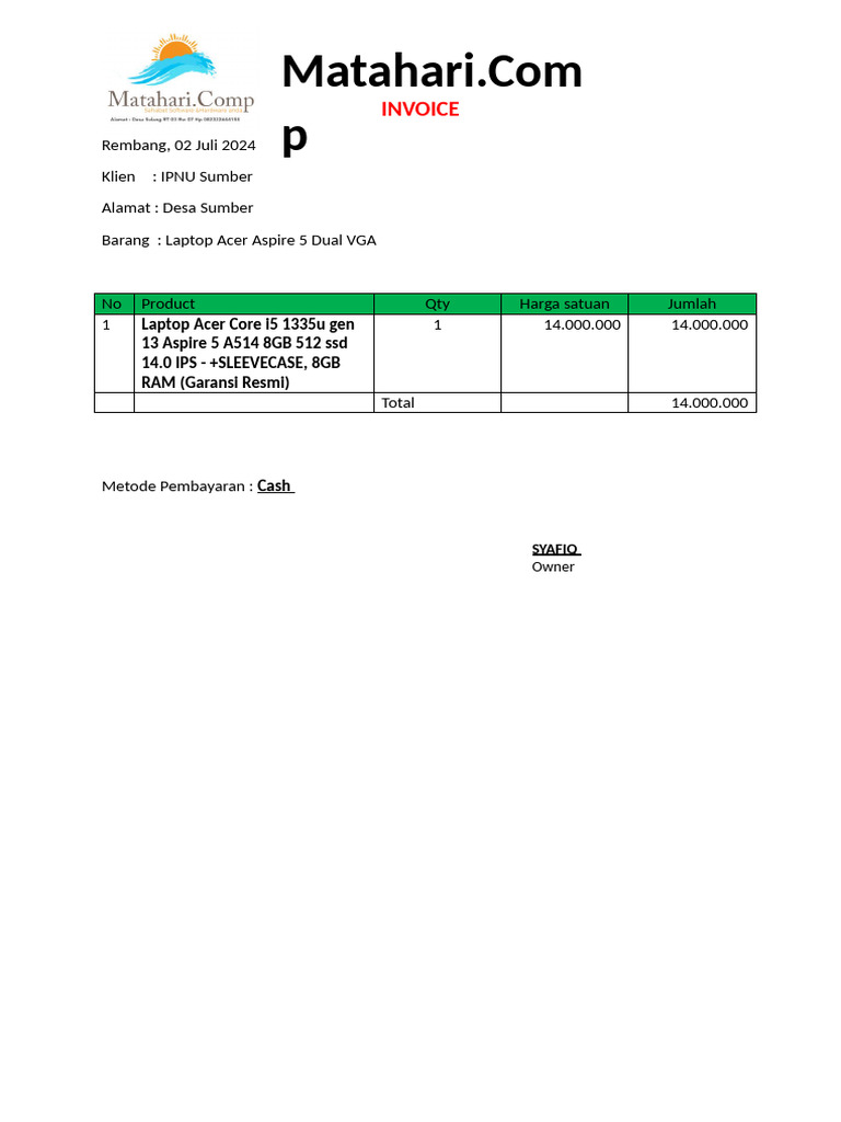 Invoice Laptop dan Printer untuk IPNU | PDF