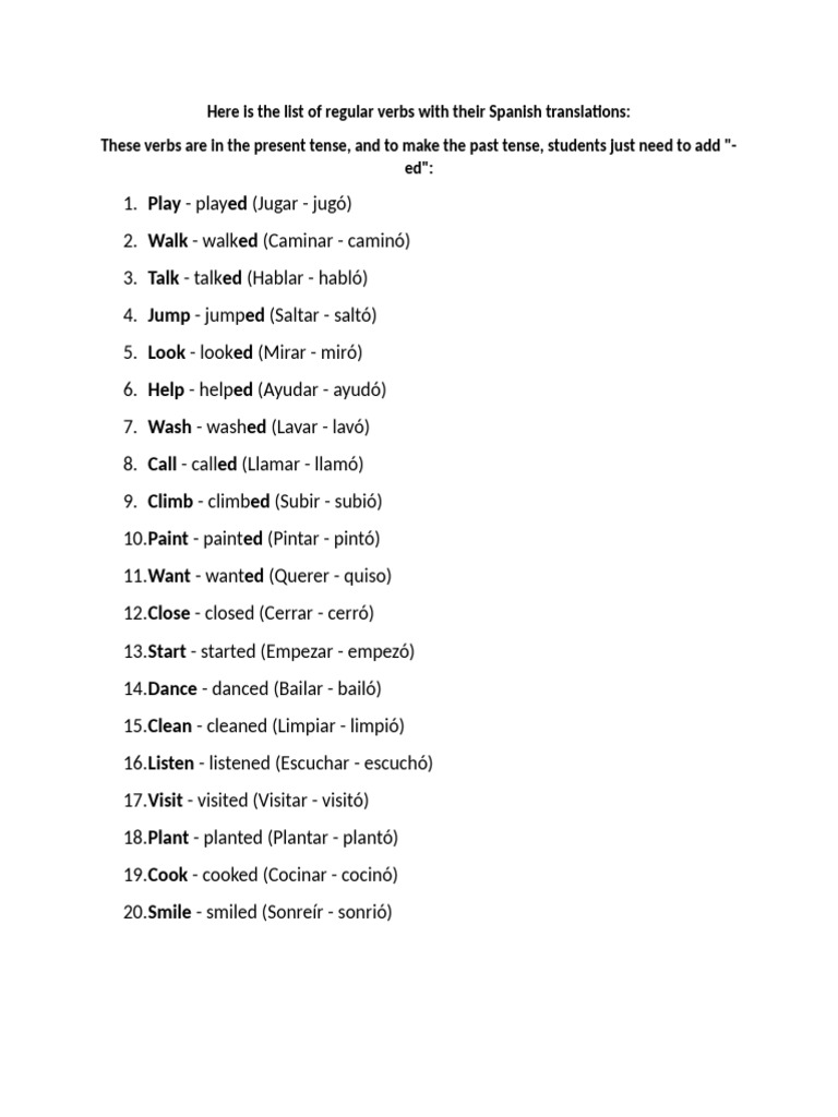 List of Regular Verbs With Their Spanish Translations | PDF
