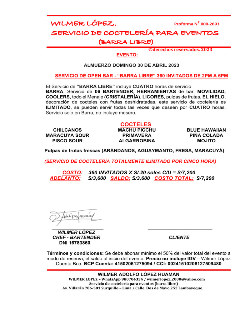 Wilmer López. Servicio de Coctelería para Eventos: (Barra Libre) | PDF