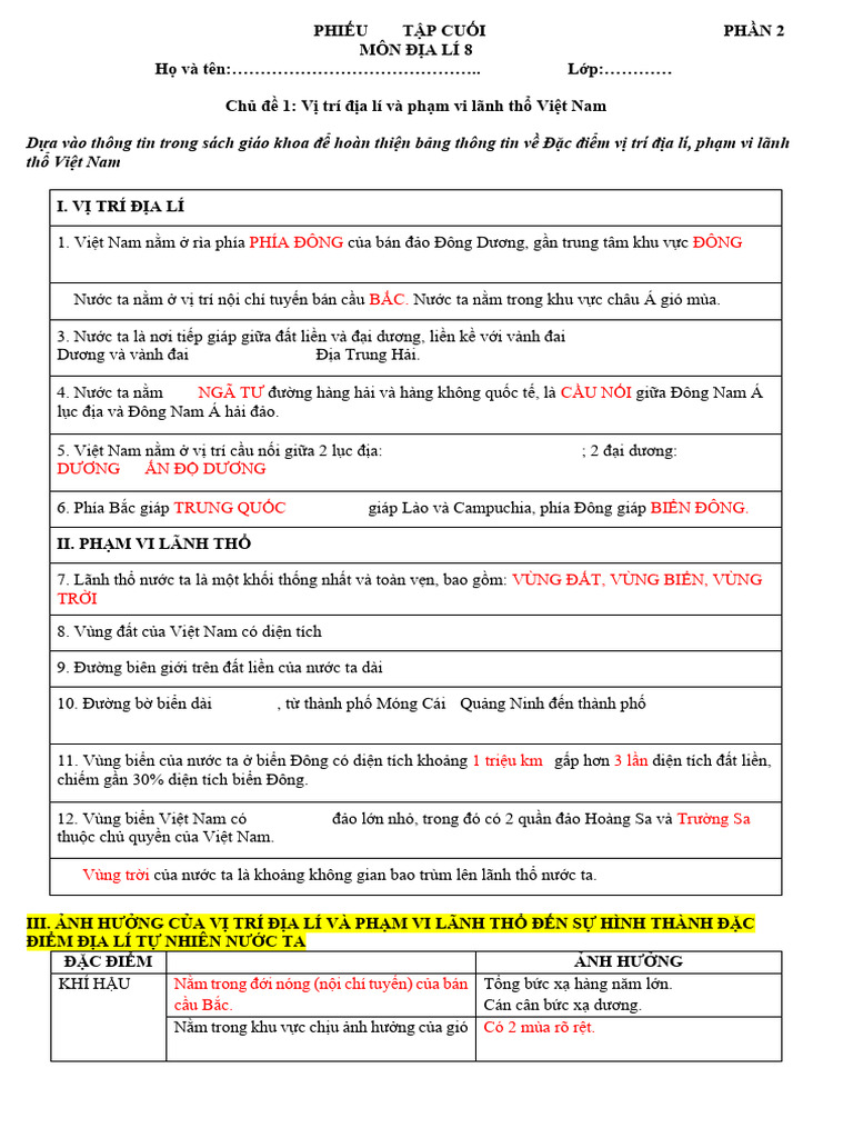 ĐỊA 8_PHIẾU ÔN CKI_PHẦN 2 - Đáp án | PDF