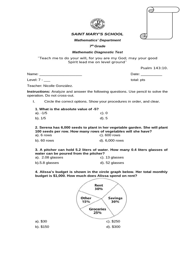 7th Grade Math Diagnostic Test | PDF | Mathematics