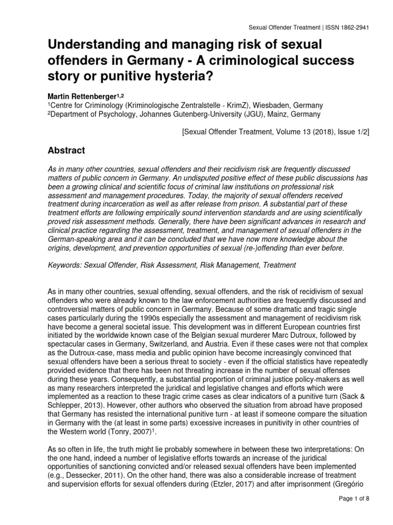 Rettenberger - 2018 - Understanding and Managing Risk of Sexual Offenders in Germany - A ...