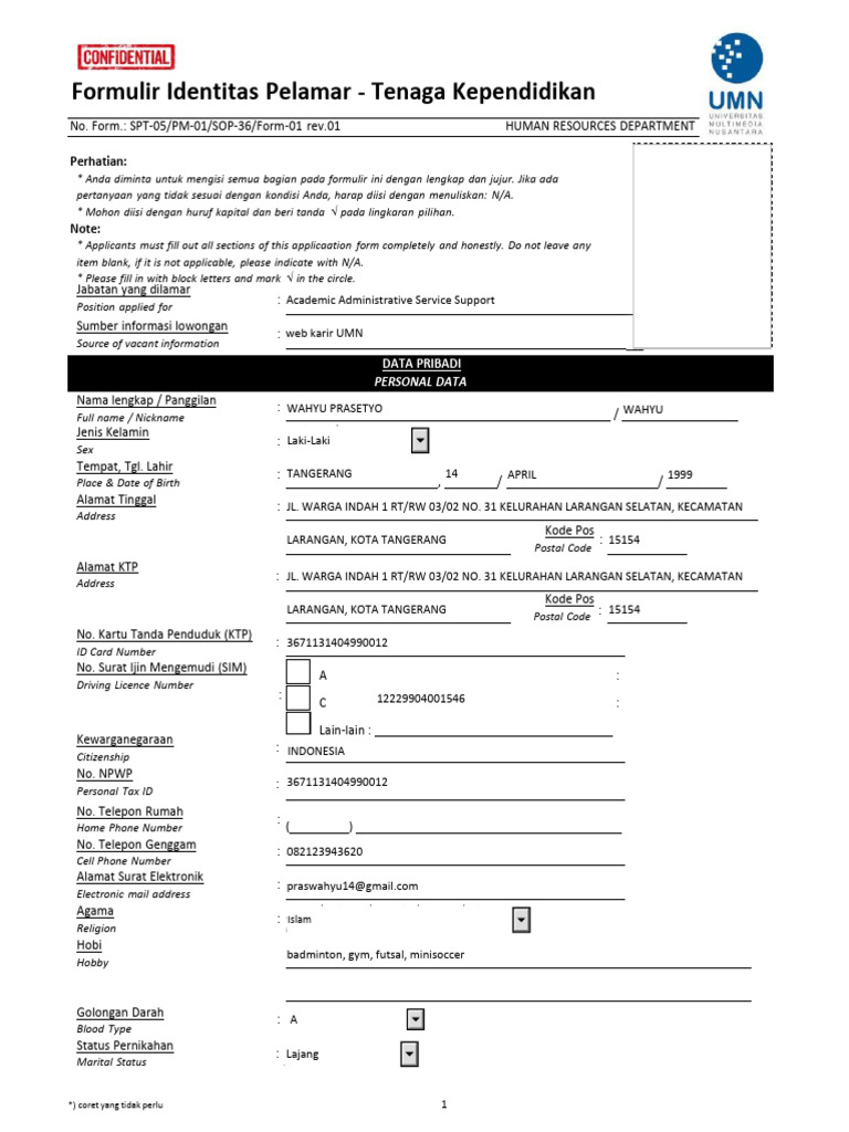 Formulir Identitas Pelamar UMN Tenaga Kependidikan Rev.02 | PDF