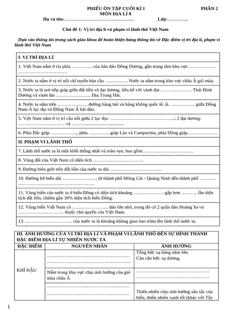 Địa 8 - Phiếu Ôn Cki - Phần 2 | PDF
