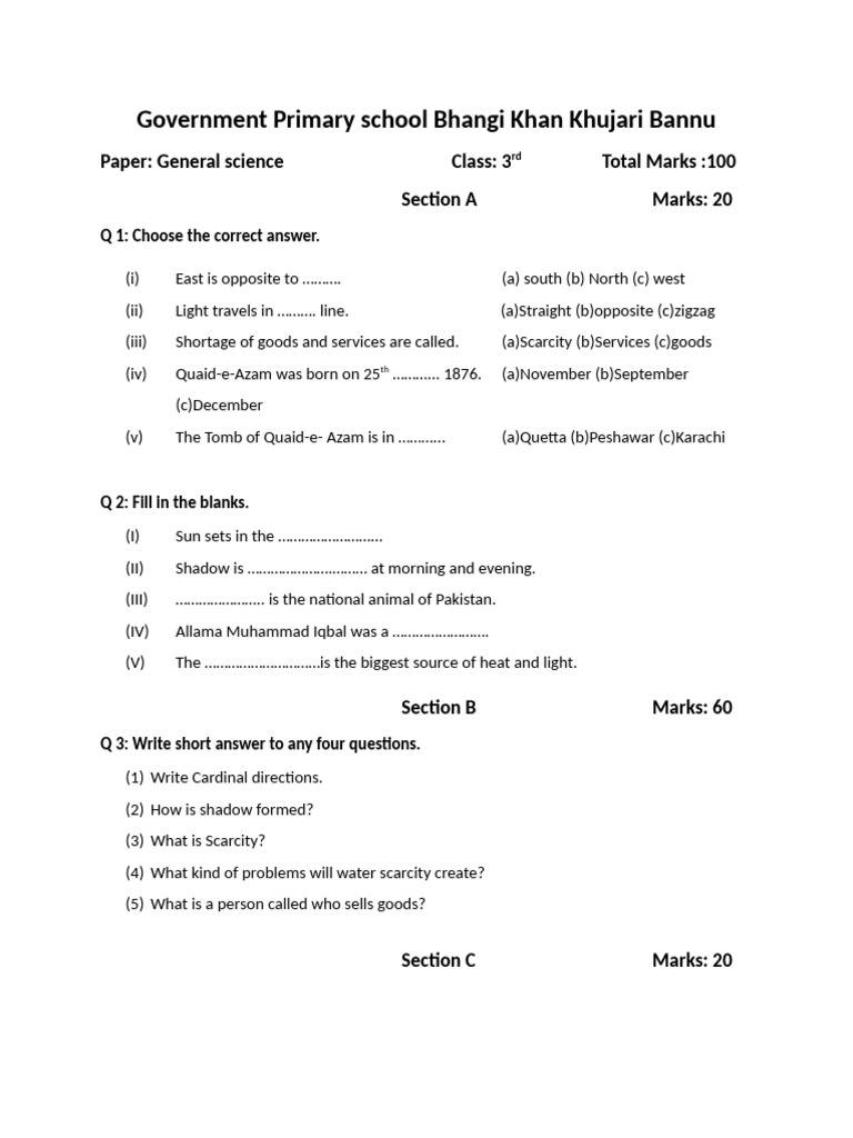 General Science Exam for 3rd Grade | PDF