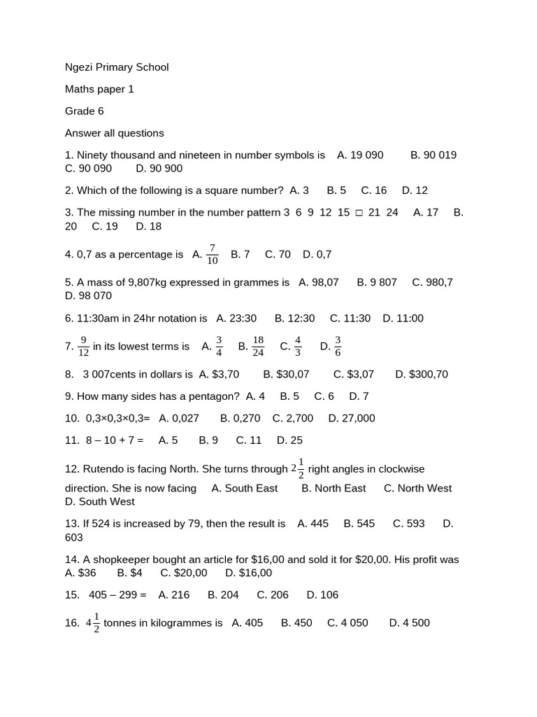 Grade 6 Maths Paper 1 2019 | PDF | Mathematics | Euclidean Geometry
