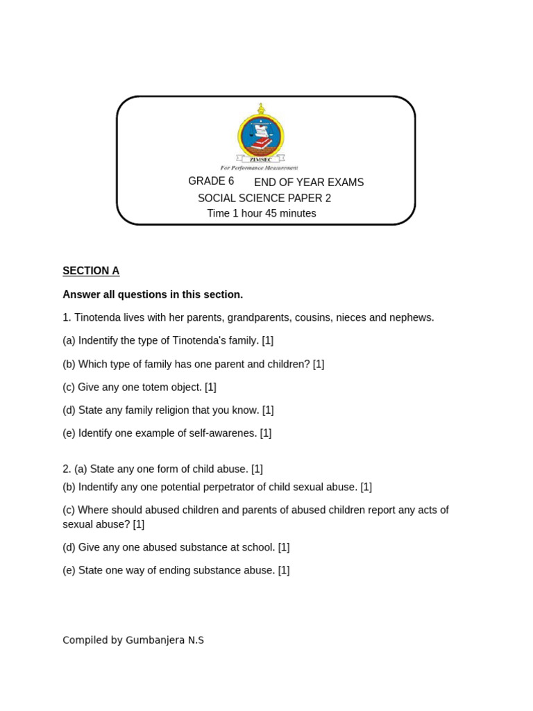 Grade 6 Social Science Paper 2 End of Year Exams 2022-1 | PDF | Family ...
