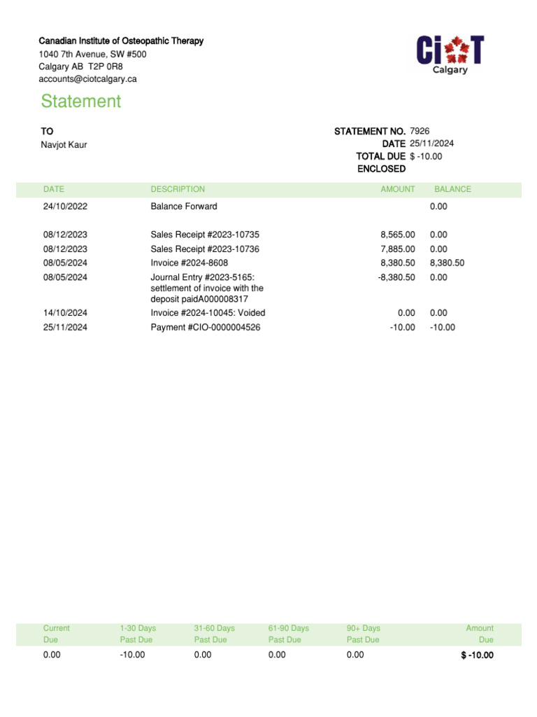 Statement 7926 From Canadian Institute of Osteopathic Therapy | PDF