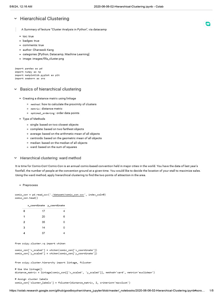 2020 06-06-02 Hierarchical Clustering - Ipynb Colab | PDF | Cluster Analysis | Algorithms