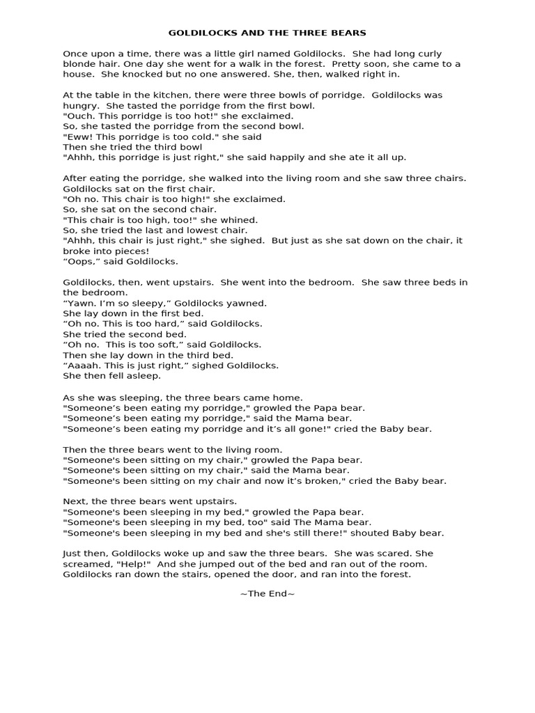 Goldilocks and the Three Bears Story | PDF